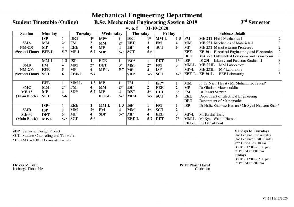ODL Classes Schedule Mechanical